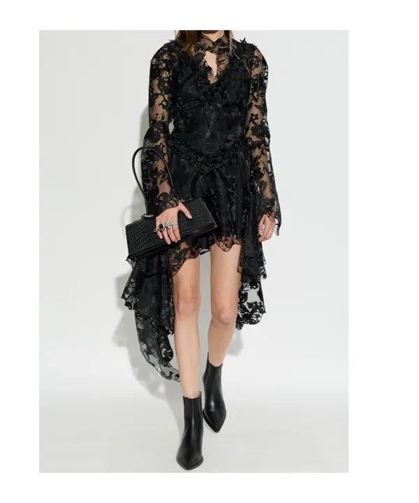 alexander mcqueen lace mini dress Alexander Mcqueen Lace detailed wool and silk mini dress|558761QMJ091000