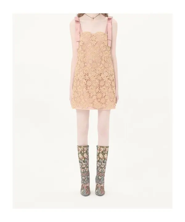 Valentino Garavani Short Guipure Lace Dress With Fleur A Jour Flower Mix