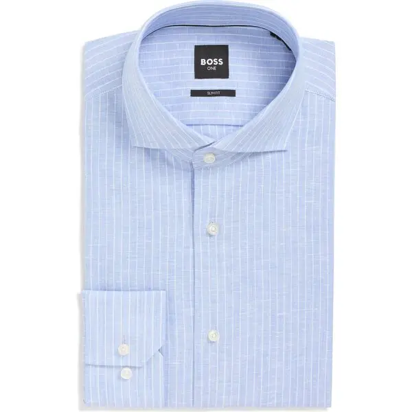 BOSS Hank Slim Fit Plaid Linen & Cotton Shirt - Light/pastel Blue