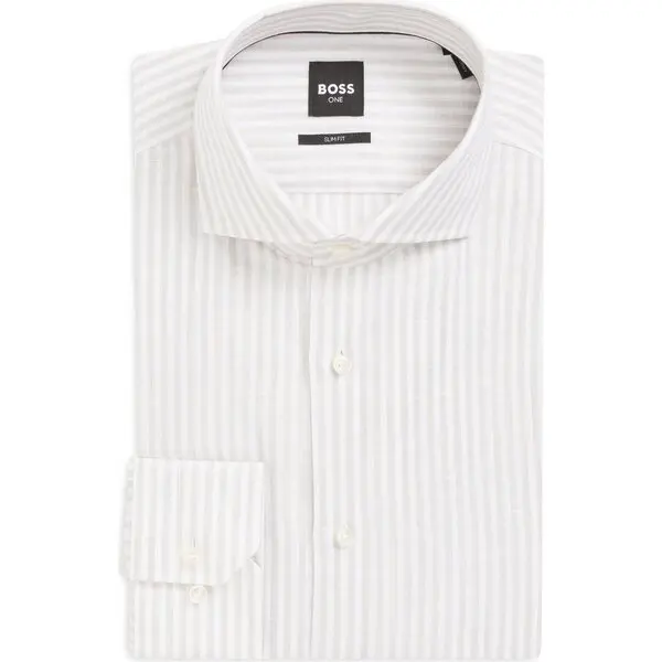 BOSS Hank Slim Fit Plaid Linen & Cotton Shirt - Open Beige