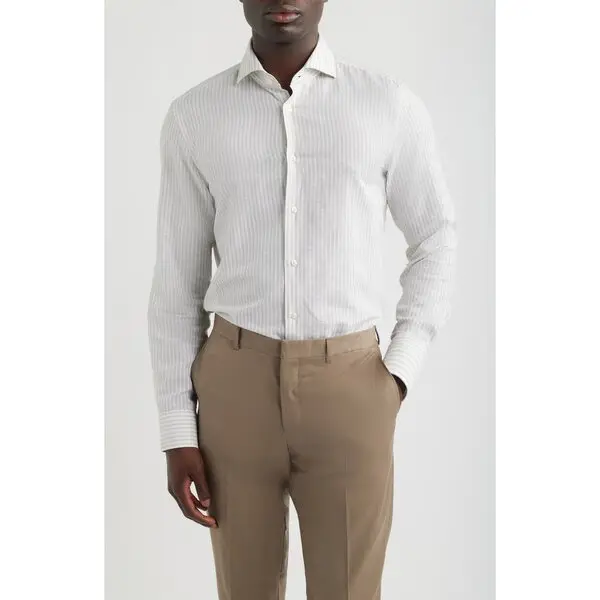 BOSS Hank Slim Fit Plaid Linen & Cotton Shirt - Open Beige