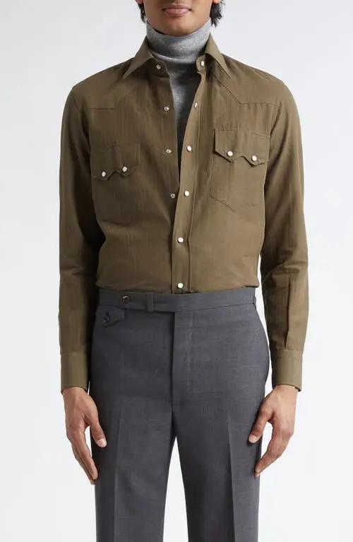 J. MUESER Cotton & Linen Snap-up Western Shirt - Olive