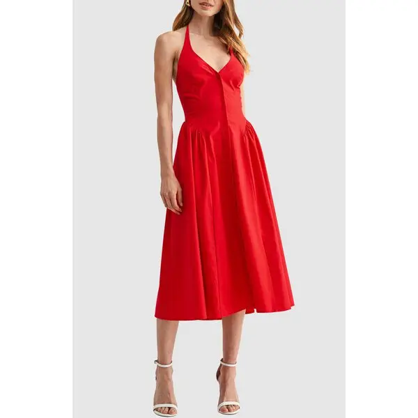 ALL IN FAVOR Halter Button-up Midi Dress - Red