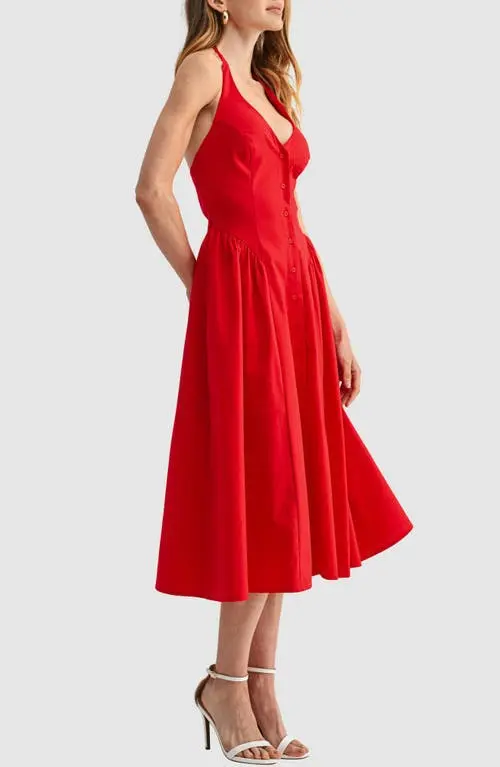 ALL IN FAVOR Halter Button-up Midi Dress - Red