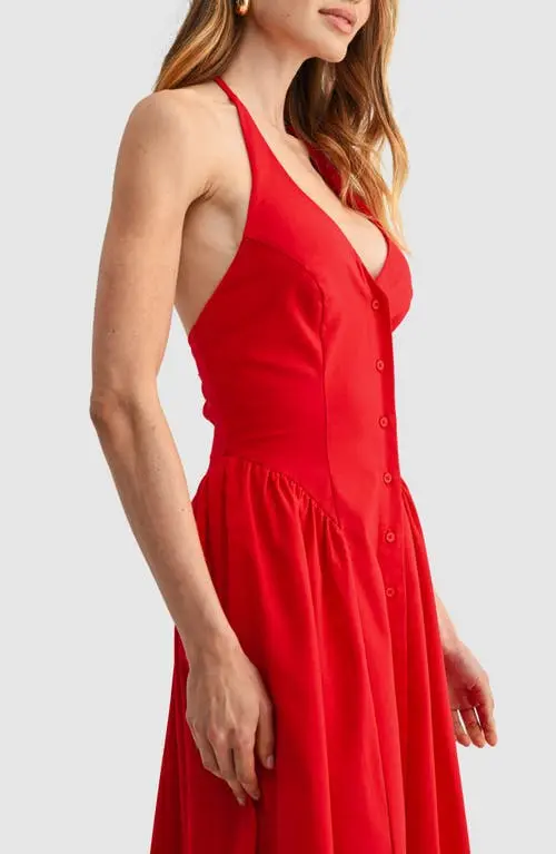 ALL IN FAVOR Halter Button-up Midi Dress - Red