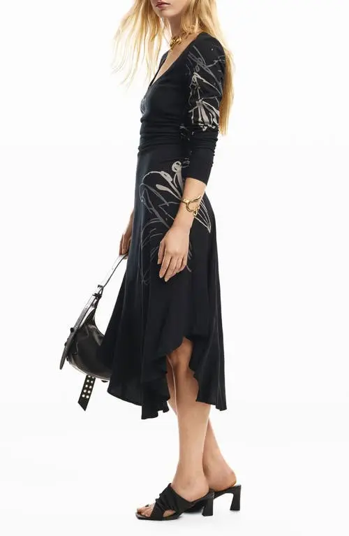 Desigual Long Sleeve High-low Printed Midi Dress