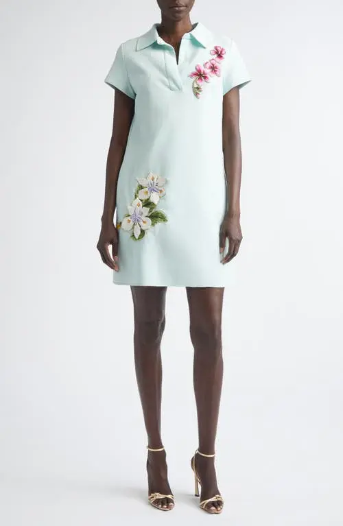 Oscar De La Renta Embroidered Appliqué Stretch Wool Polo Dress - Saltwater