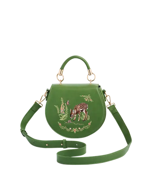 FABLE ENGLAND Green Fawn & Snail Embroidered Saddle Bag - Light/pastel Green