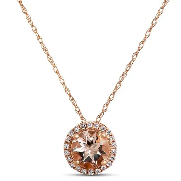 Benbridge Round Morganite And Diamond Halo Pendant Necklace, 1/10 Carat, 14k Rose Gold - Pink