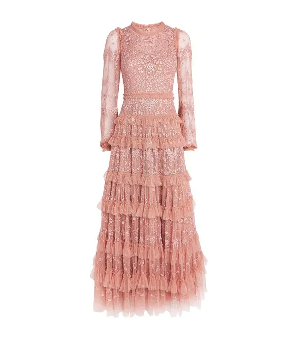 strapless open back dress Pink Lace Underlay High Neck Dress– UsTrendy main image 1