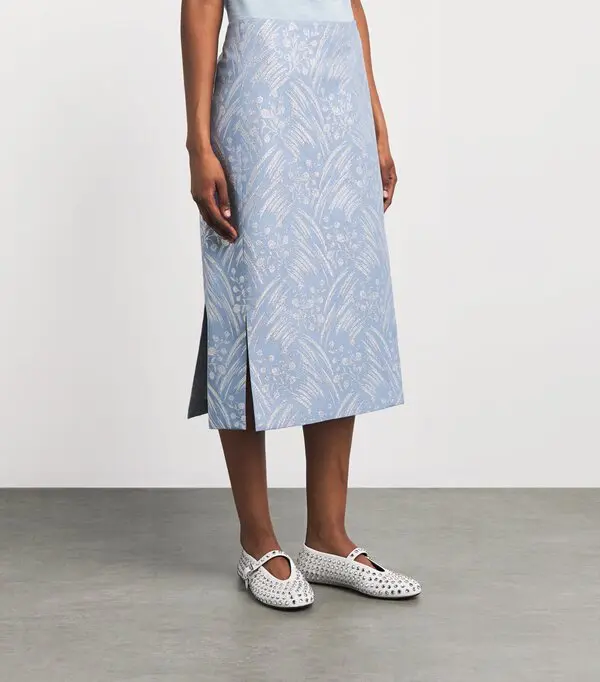 Tory Burch Floral Jacquard Midi Skirt With Slit Hem - Blue