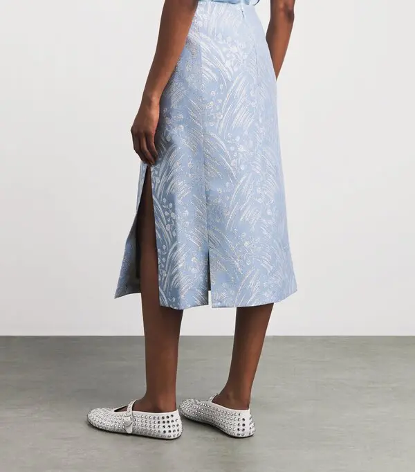 Tory Burch Floral Jacquard Midi Skirt With Slit Hem - Blue