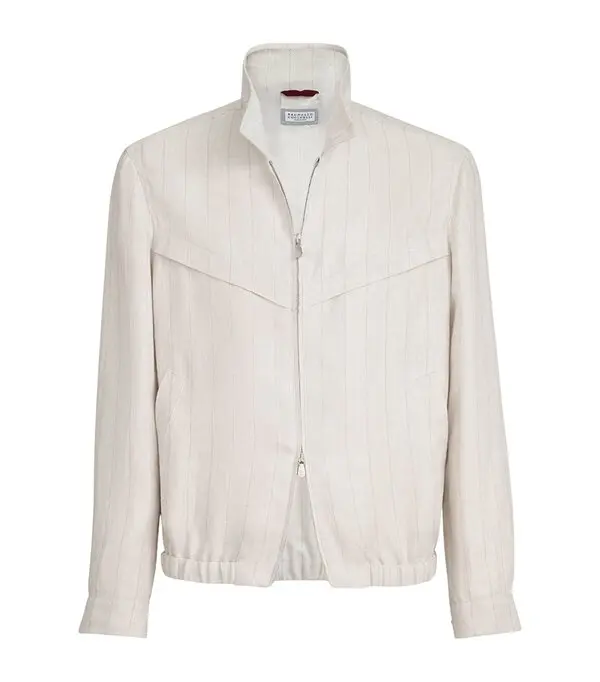 Brunello Cucinelli Linen Pinstripe Bomber Jacket - White