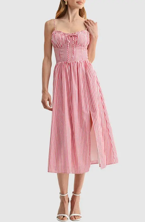 ALL IN FAVOR Sweetheart Neck Cotton Fit & Flare Midi Dress - Red Stripe
