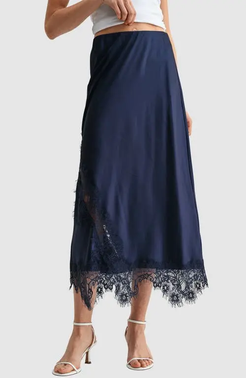 ALL IN FAVOR Lace Trim Satin Midi Skirt - Navy