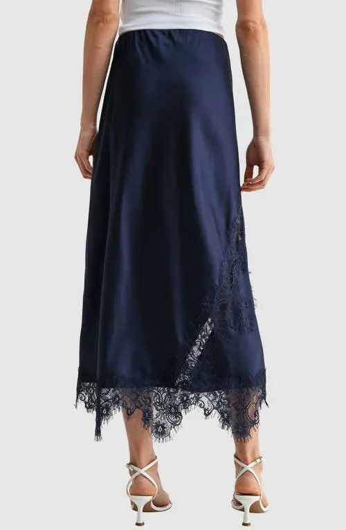 ALL IN FAVOR Lace Trim Satin Midi Skirt