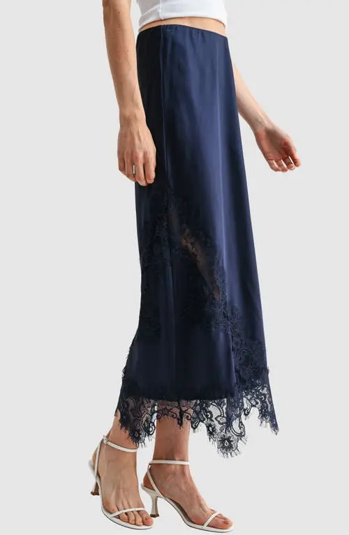 ALL IN FAVOR Lace Trim Satin Midi Skirt