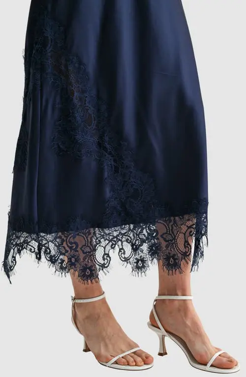 ALL IN FAVOR Lace Trim Satin Midi Skirt