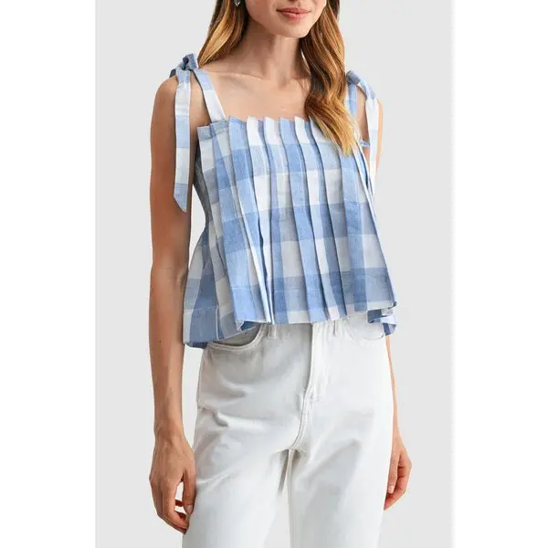 ALL IN FAVOR Pleated Gingham Tie Strap Top