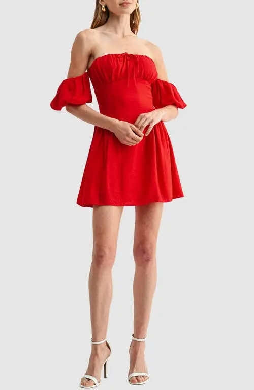 ALL IN FAVOR Off-the-shoulder Shirred Bodice Mini Dress