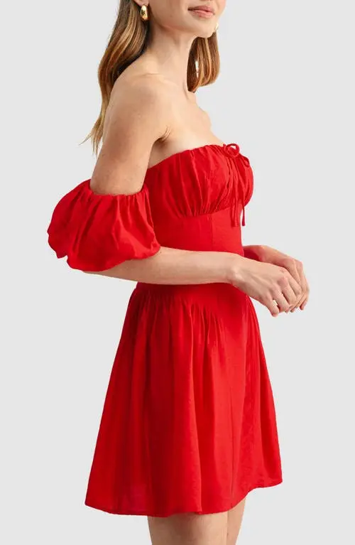 ALL IN FAVOR Off-the-shoulder Shirred Bodice Mini Dress