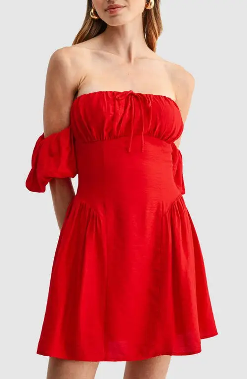 ALL IN FAVOR Off-the-shoulder Shirred Bodice Mini Dress