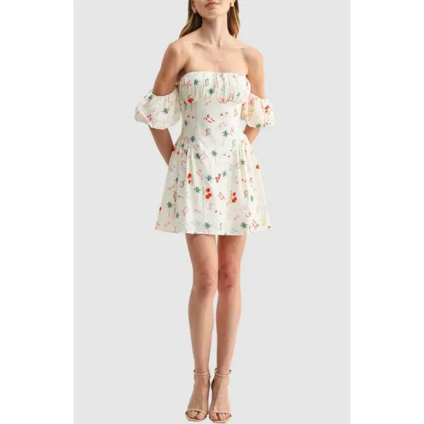 ALL IN FAVOR Shirred Off-the-shoulder Mini Dress - Beach Conversational
