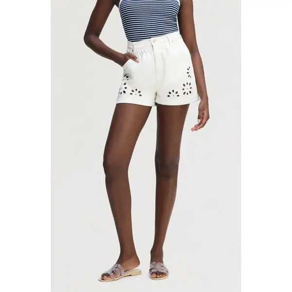 Sam Edelman Embroidered Eyelet Paperbag Waist Denim Shorts