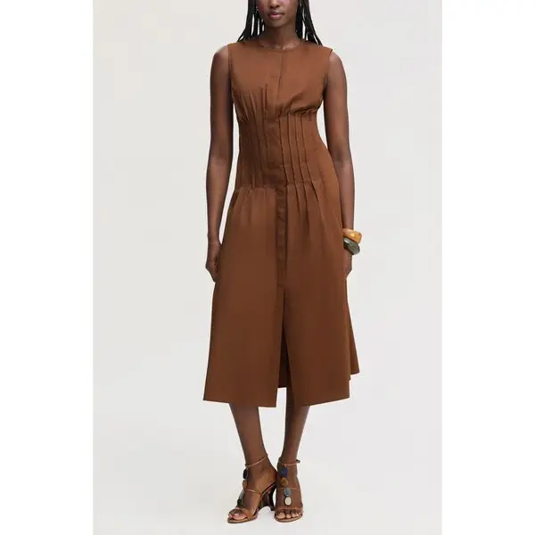 Sam Edelman Sleeveless Midi Dress With Pleated Waist - Cocoa Bean