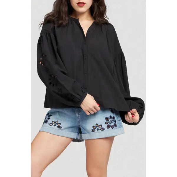 Sam Edelman Embroidered Sleeve Top - True Black