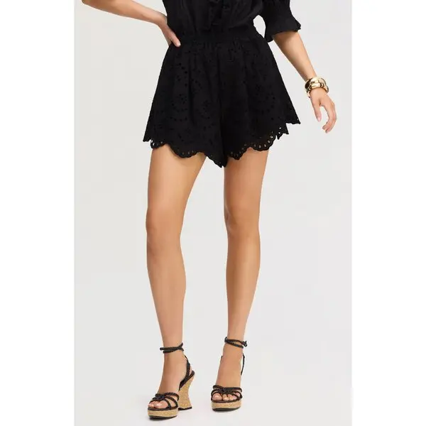 Sam Edelman Eyelet Cotton Shorts With Scalloped Hem - True Black