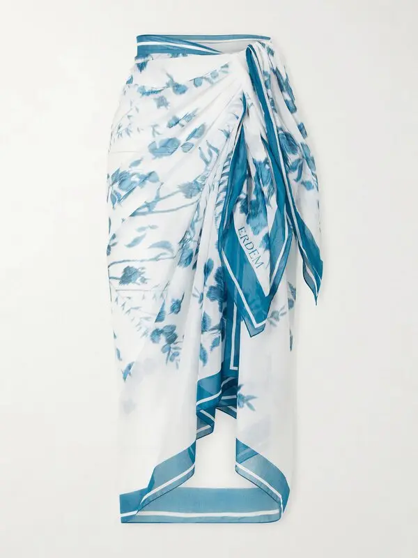 Erdem Floral-print Cotton-voile Pareo - Blue