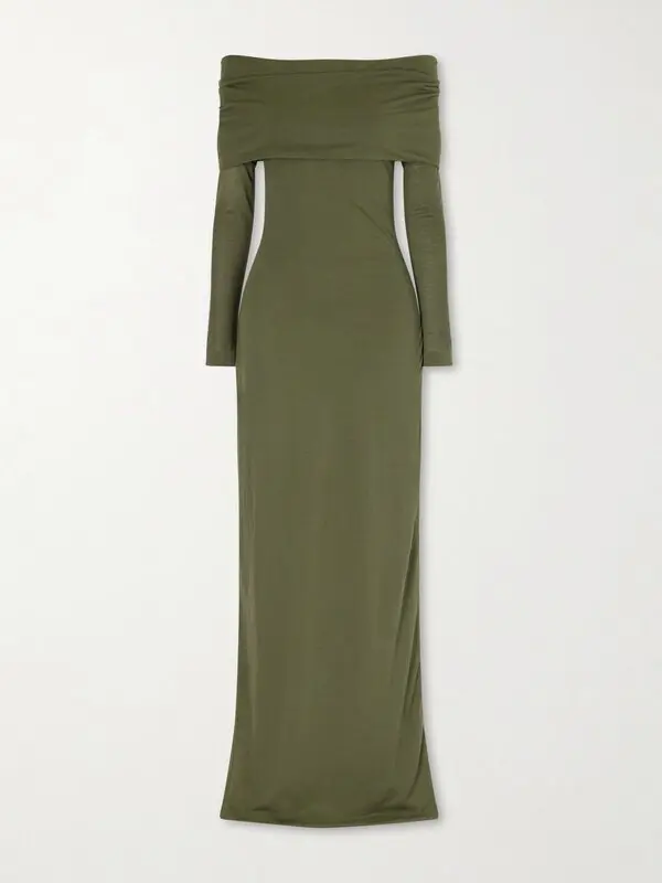 Balenciaga Off-the-shoulder Cotton-blend Maxi Dress - Green