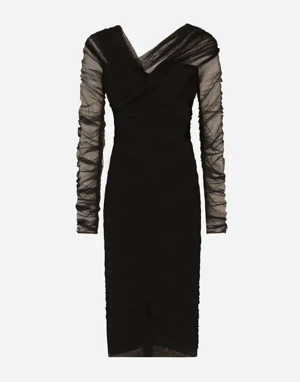 Dolce & Gabbana Draped Midi Dress In Cotton Tulle - Black