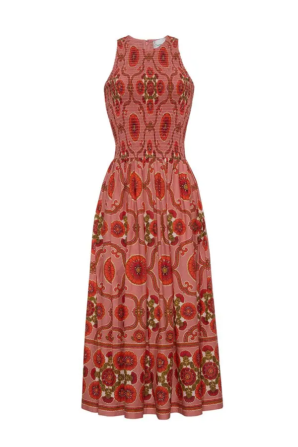 Cara Cara Leandra Smocked Halterneck Midi Dress - Mod Floral Brick
