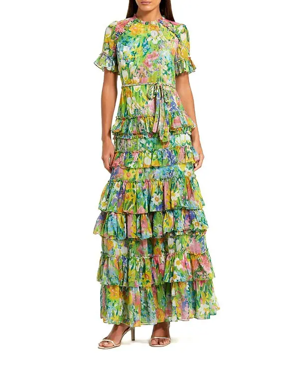 Mac Duggal Tiered Floral Chiffon Maxi Dress - Multi