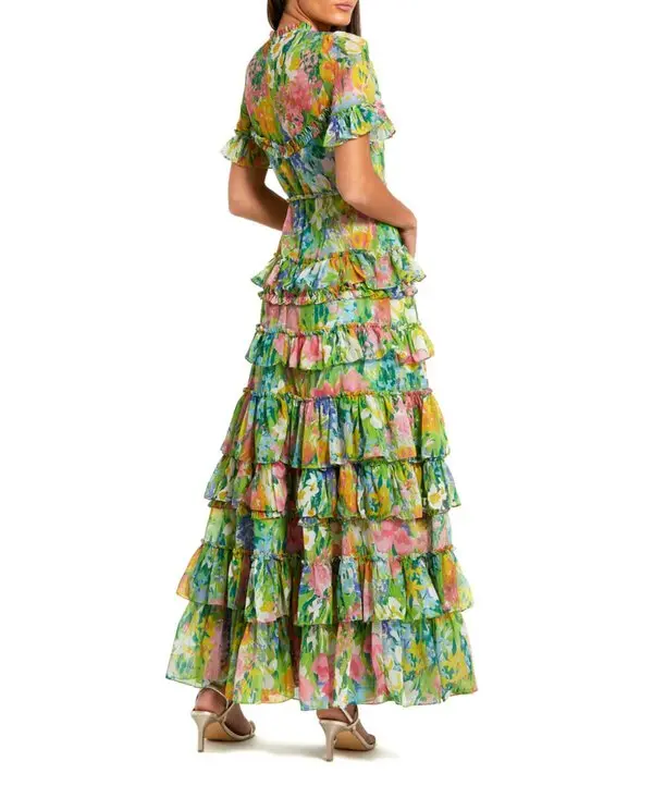 Mac Duggal Tiered Floral Chiffon Maxi Dress - Multi