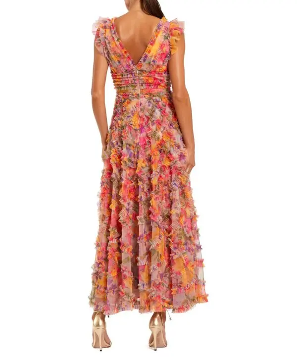 Mac Duggal Petite Floral Ruffle V-neck Maxi Dress