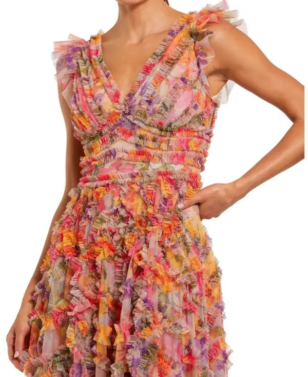 Mac Duggal Petite Floral Ruffle V-neck Maxi Dress