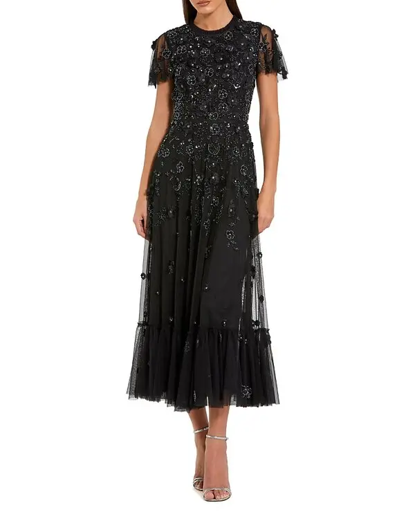 Mac Duggal Embellished High Neck Flutter Sleeve A-line Midi Dress - Black
