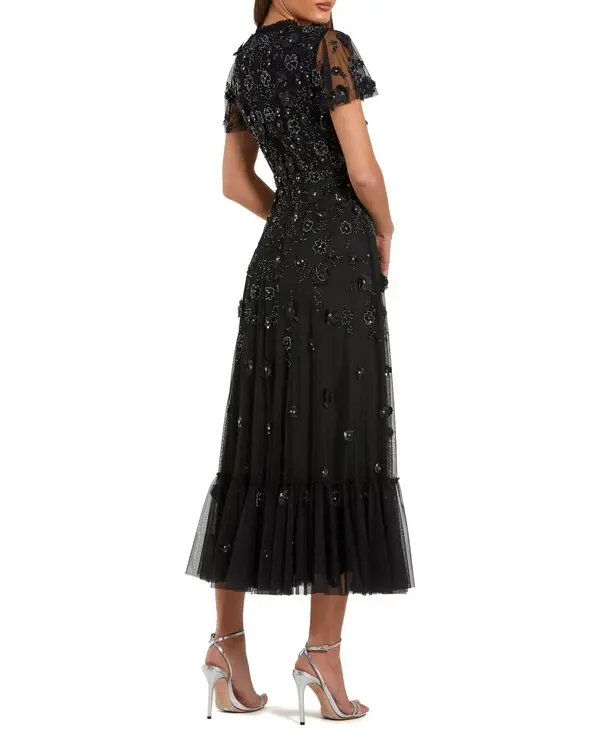 Mac Duggal Embellished High Neck Flutter Sleeve A-line Midi Dress - Black