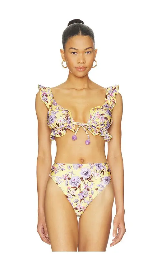 PatBO Peony Print Ruffle Bikini Top - Yellow