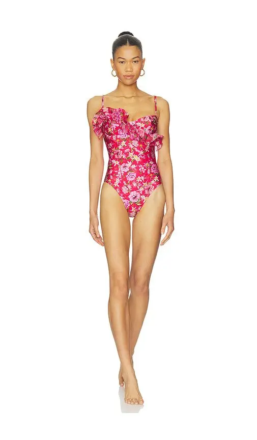 PatBO Peony Print Lycra Ruffle Bodysuit