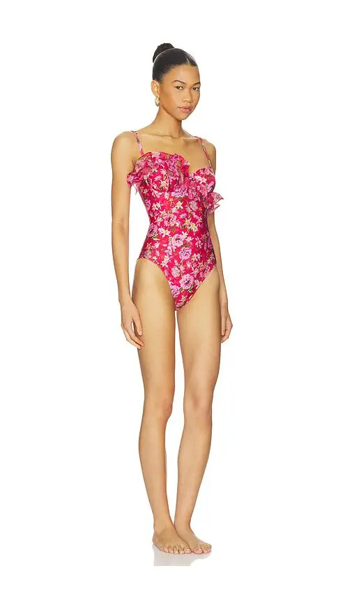 PatBO Peony Print Lycra Ruffle Bodysuit