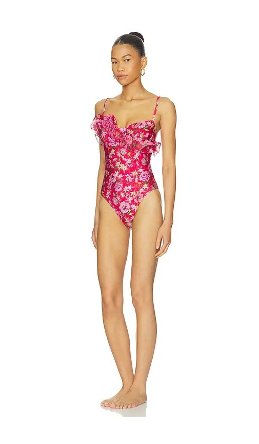 PatBO Peony Print Lycra Ruffle Bodysuit