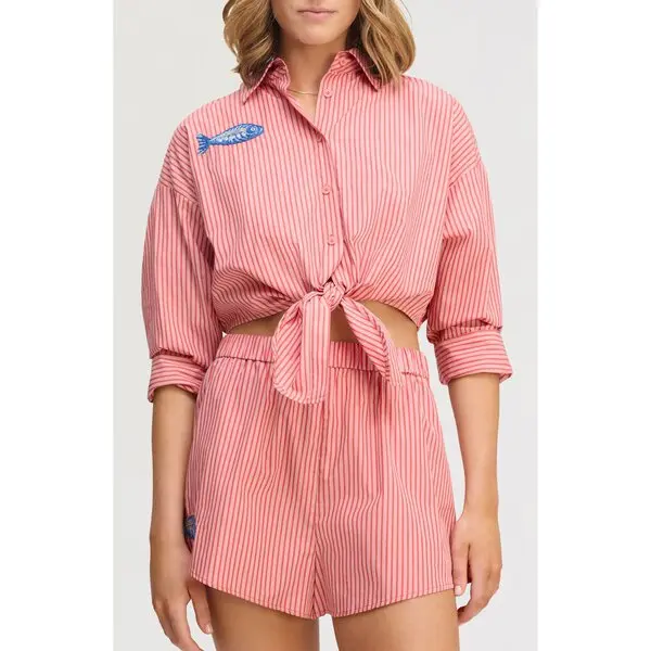 Sam Edelman Striped Cotton Shirt With Embroidered Detail - Pink Rosa Shirting S
