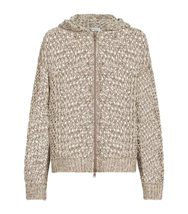 Brunello Cucinelli Silk-linen Blend Zip-up Cardigan With Hood - Grey