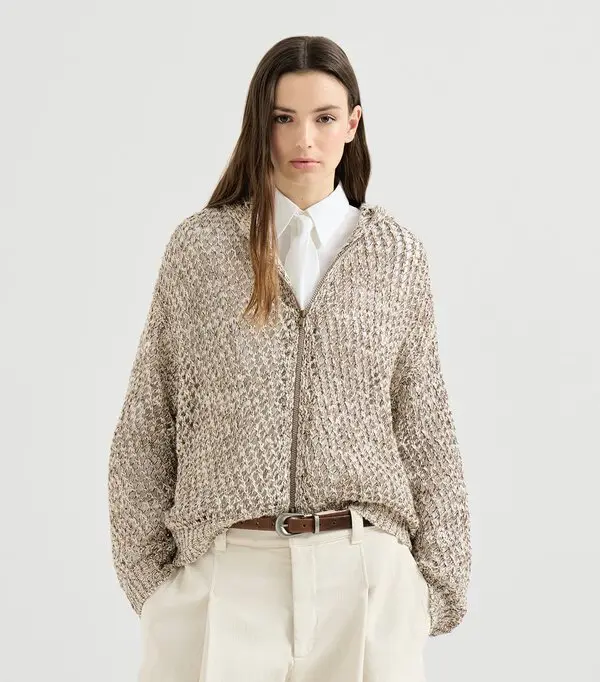 Brunello Cucinelli Silk-linen Blend Zip-up Cardigan With Hood - Grey