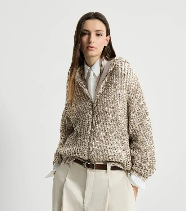 Brunello Cucinelli Silk-linen Blend Zip-up Cardigan With Hood - Grey