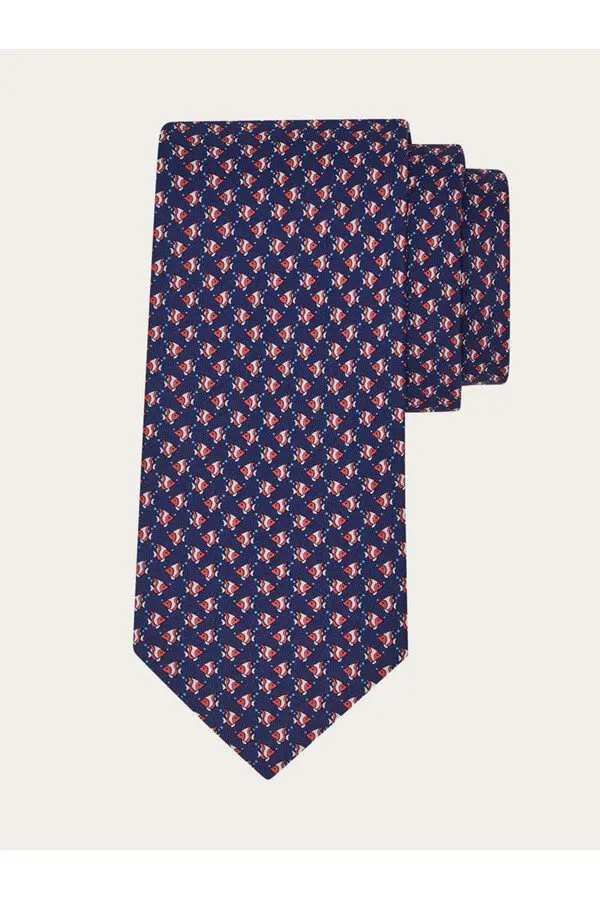 FERRAGAMO Mini Fish Print Silk Tie - Blue